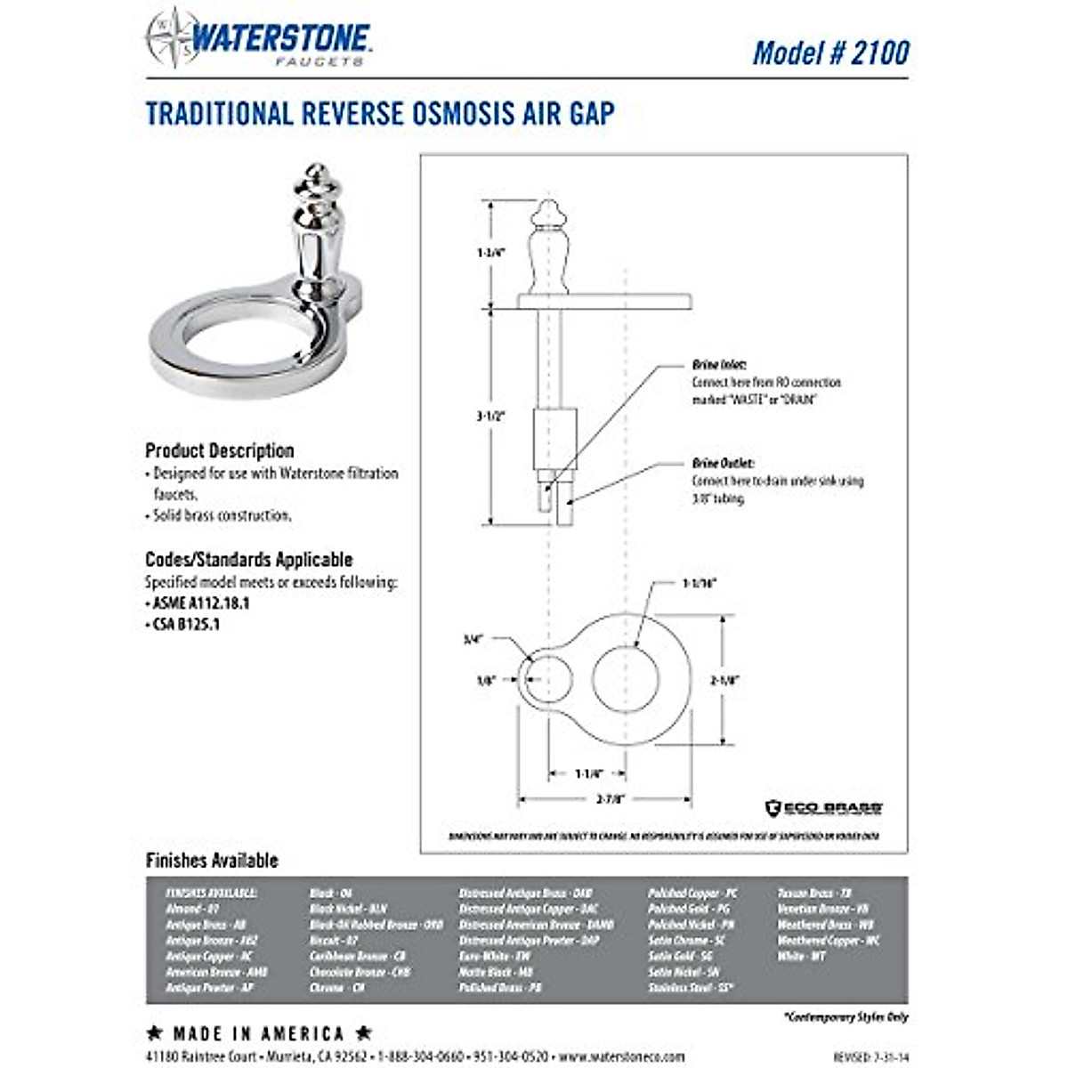 Waterstone 2100-UPB Traditional Reverse Osmosis Air Gap Unlacquered Polished Brass