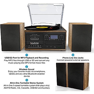 Boytone BT-58W Bluetooth Record Player Turntable with CD Player, Convert LP Vinyl, CD to MP3 Player, Cassette, AM/FM Radio, USB/SD Encoding, Remote Control, Audio Music Player Built in Amplifier