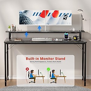 iSunirm 47 inch Computer Desk with Power Outlets, Gaming desk with LED Lights, Home Office Work Desk with Monitor Shelf, Modern Office Desk Study Writing Table for Small Spaces, Black Oak