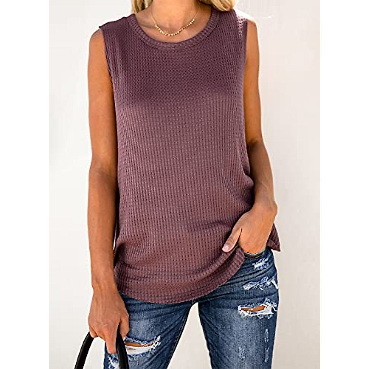 Dokotoo Womens Ladies Basic Solid Summer Casual Round Neck Waffle Knit Ribbed Loose Fit Long Tunic Tank Tops Sleeveless Shirts Cami Tops Blouses Tees Vest Wine Large