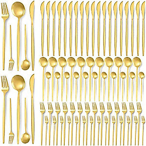 90 Pcs Gold Silverware Set, 18 Set Gold Flatware Cutlery for 5 Matte Golden Stainless Steel Utensils Set Includes Forks Knives and Spoons for Kitchen Home Restaurant (Gold Handle)