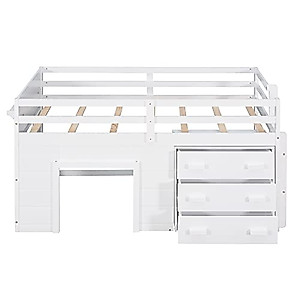 RORIGAT Twin Size Loft Bed with Storage Shelf and Cabinet, Wooden Low Loftbed Frame for Kids Boys Girls Bedroom Dorm, White