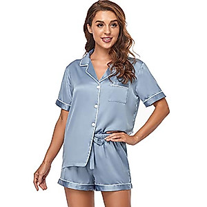 Serenedelicacy Women's Satin Pajama Set 2-Piece Sleepwear Loungewear Button Down Short Sleeve PJ Set (Medium, Dusty Blue)