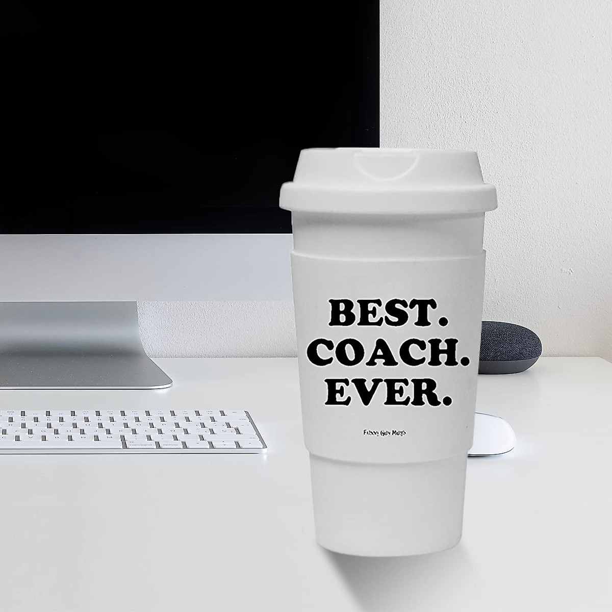 Funny Guy Mugs Best. Coach. Ever. Plastic Tumbler with Removable Insulated Silicone Sleeve, 16 Fluid Ounces, White