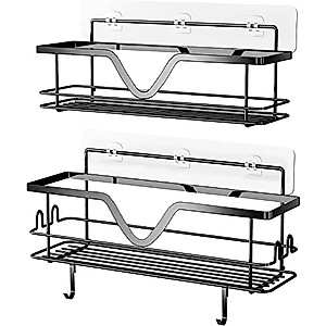 SIXDOVE Shower Caddies 2 PACK - No Drilling Adhesive Shower Organizer with Hooks, Rustproof SUS304 Stainless Steel Bathroom Shower Shelf, Shower Rack Large Shower Holder & Kitchen Storage(Matte Black)
