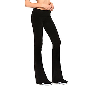 Gilbins Womens Fold-Over Waistband Stretchy Cotton Blend Yoga Pants with A Wide Flare Leg 2 Pack