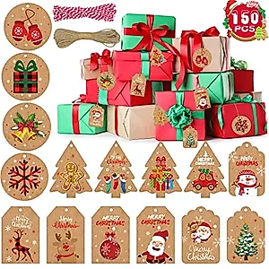 150 Pack Brown Kraft Paper Christmas Gift Tags with Jute String for Holiday Present Wrap Stamp and Label Package DIY Name Card (15 Patterns)