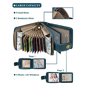 IamaCos Women Credit Card Wallet Bifold Artificial Leather Wallets RFID Blocking Zipper Card Holder 9 Card Slots 4 ID Windows Cute Pendant Blue