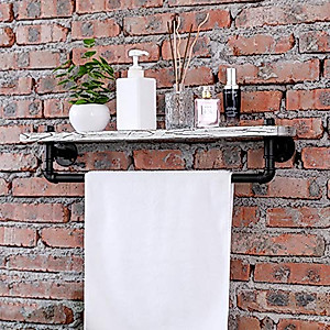 MyGift Shabby Whitewashed Wood Small Bathroom Shelf Wall Mounted Industrial Metal Pipe Towel Bar