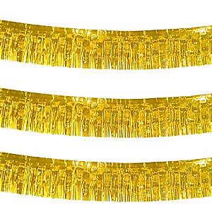 Blukey 10 Feet Long Roll Metallic Fringe Garland (Set of 3) Gold Tassel Foil Banner - Party Supplies for Parade Floats, Fiesta Backdrop, Patriotic Decorations, Wedding, Birthday (Gold)