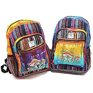 Unique Mushroom Embroidered Tie Dye Himalaya Hemp Hippie Backpack Festival Backpack Hiking FAIR TRADE Handmade with Love. (LARGE)
