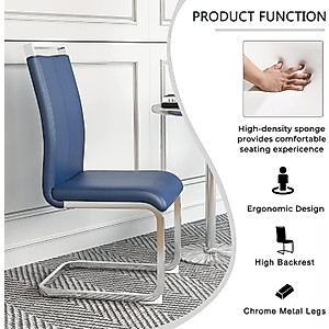 LUSPAZ Faux Leather Dining Chairs Set of 4, Modern Dining Room Chair Kitchen Chairs with Upholstered Seat, Metal Legs and High Back, Sillas para Comedor, Blue