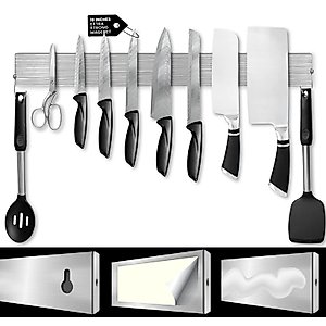 Homefer Magnetic Knife Holder for Wall - 15.7 inches - Stainless Steel Multifunctional Magnetic Strip for Organizing Kitchen Utensils - Glue, 2 Side Hooks & Foam Adhesive Strip Included - No Drilling!