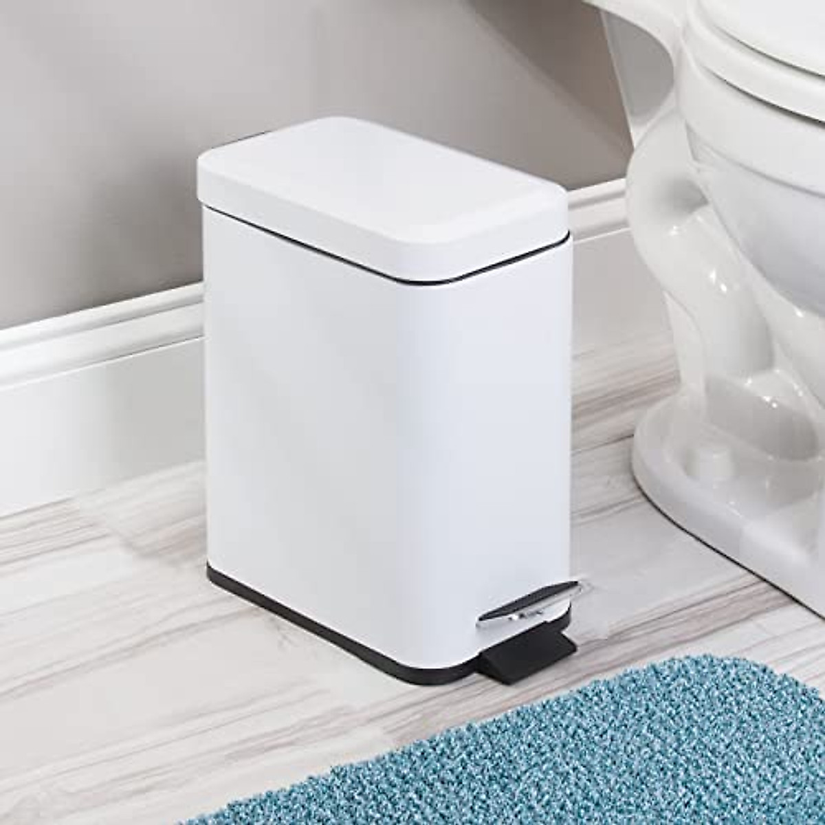 mDesign Small Modern 1.3 Gallon Rectangle Metal Lidded Step Trash Can, Compact Garbage Bin with Removable Liner Bucket and Handle for Bathroom, Kitchen, Craft Room, Office, Garage - White