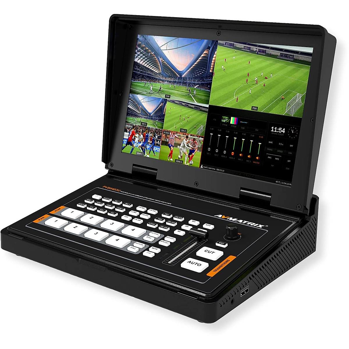 AVMATRIX PVS0403U Portable SDI/HDMI Video Switcher, 10.1-incch FHD IPS LCD Monitor, USB for Capturing and Streaming, T-bar/Auto/Cut Transitions, Scaled Output and Multiview, 2PIP/POP, Logo Overlay