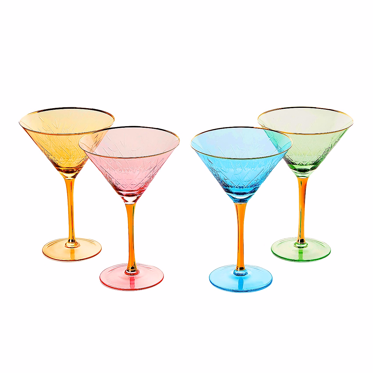 Crystal Martini Glasses Colored - Set of 4 - Stemmed Multi-Color Glass, Great for all Drink Types and Occasions - Luxury, Durable, Hand-Blown Vintage Art Deco Coupe for Champagne, Martini, Cocktails