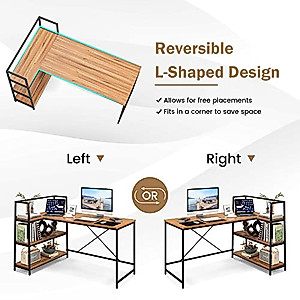 Tangkula Reversible L-Shaped Computer Desk, Space Saving Corner Desk with 3-Tier Storage Shelves & Metal Frame, Modern Executive Home Office Desk, PC Laptop Desk Workstation for Small Space (Walnut)