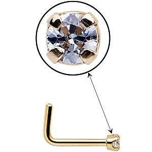 Body Candy Solid 14k Yellow Gold 2mm Clear Cubic Zirconia L Shaped Nose Stud Ring 18 Gauge 1/4"
