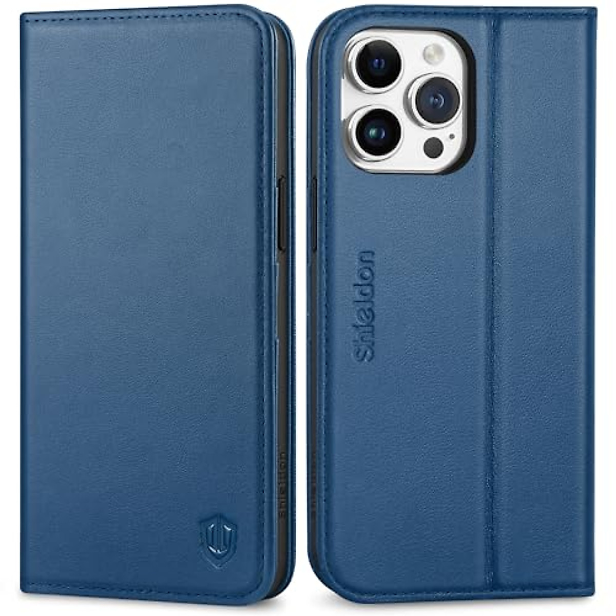 SHIELDON Wallet Case for iPhone 15 Pro Max 6.7", Genuine Leather Wallet Flip Magnetic RFID Blocking Credit Card Slot Kickstand Shockproof TPU Shell Case Compatible with iPhone 15 Pro Max - Royal Blue