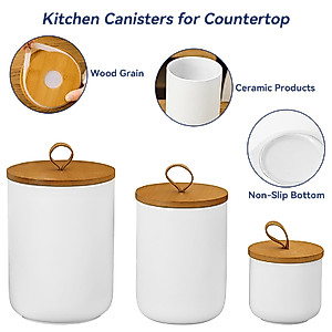 Jueison Ceramic Storage Jars, Modern Elegant Polished Airtight Gorgeous Storage Canisters with Wooden Lid Small Food Stroage Jar for Kitchen Spice Tea Vanilla Sugar Coffee Beans (3Pcs Suit White)