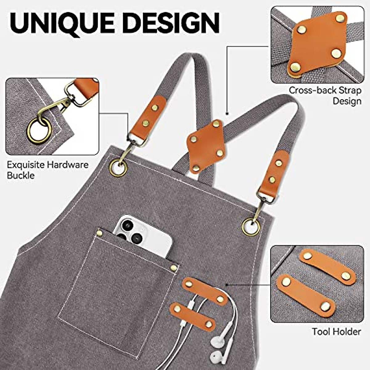 NLUS Canvas Chef Apron, Cross Back Heavy Duty Waterproof Work Apron with Adjustable Straps and Large Pockets for Men Women, Size M to XXL (GREY),27in * 30in