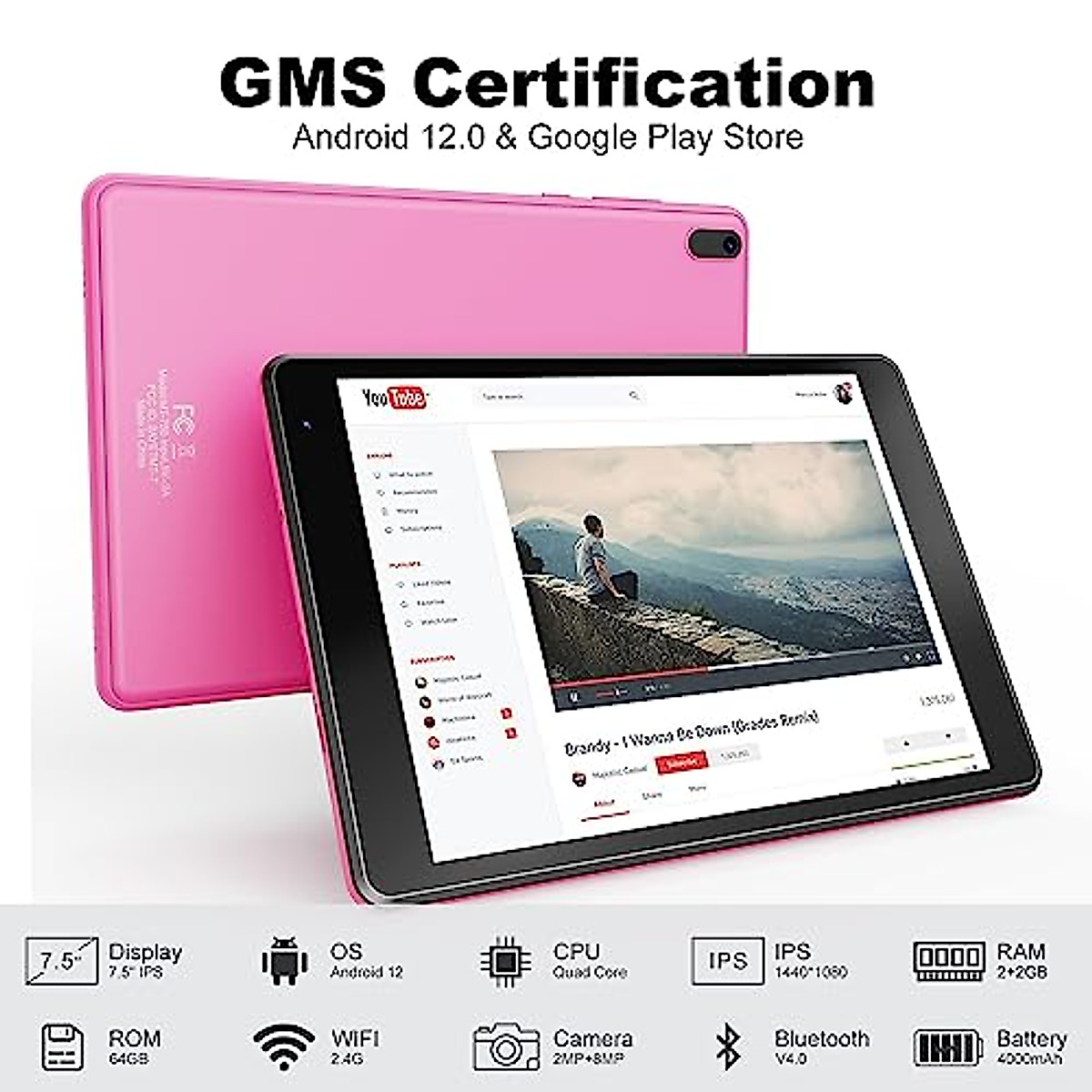 Android 12 Tablet 7.5 inch, Tablets Computer 64GB Storage 512GB Expandable, Quad-Core Processor, PS FHD 1440x1080 Resolution Display, Google GMS Certified Smart Tablet/WiFi/Bluetooth 5.0