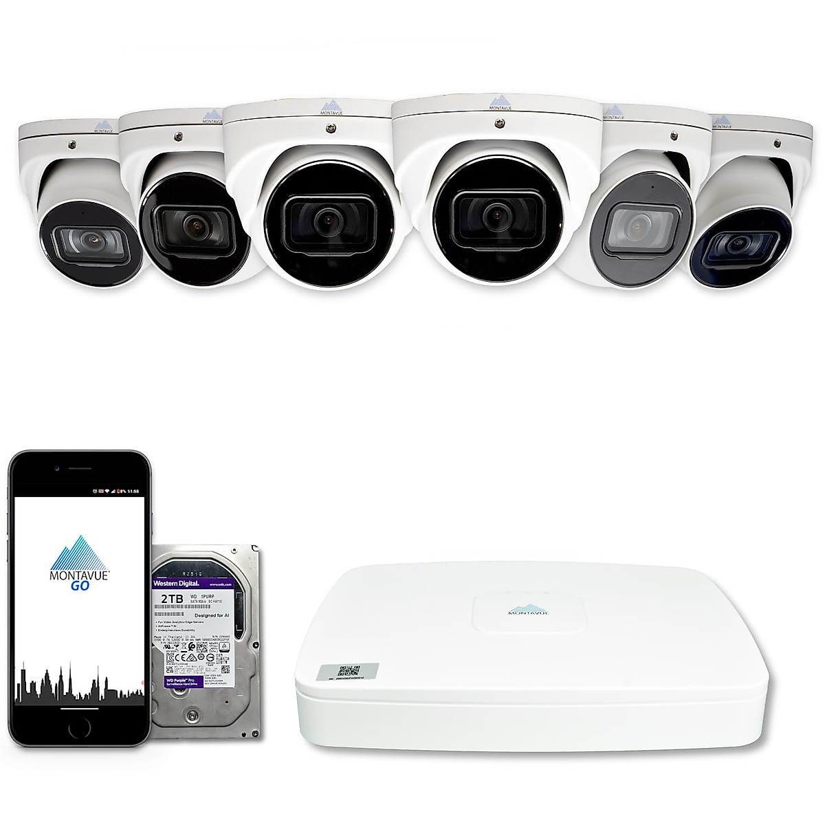 Montavue UltraHD Security Camera System, 6pcs 4K 8MP IP PoE Turret Cameras, 8ch POE NVR, IP67 Weatherproof, 100ft IR Night Vision, Built-in Mic, IVS, Motion Detection, 2TB Pre-Installed Hard Drive