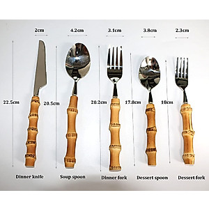 JUSTEMI Bamboo Silverware Set,Natural Bamboo Flatware,Bamboo Handle Cutlery and Utensil Set,18/8 304 Stainless Steel 1 set 5 PCS