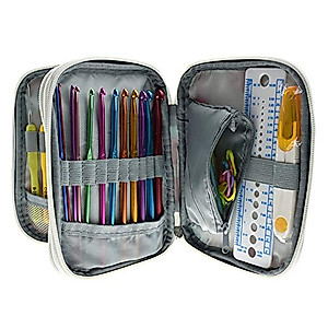 Katech Crochet Hooks Case Empty Zipper Bags Portable Travel Crochet Storage Bag Organizer with Web Pocket and Crochet Holder Slots for Carrying Various Crochets Needles (Pink)