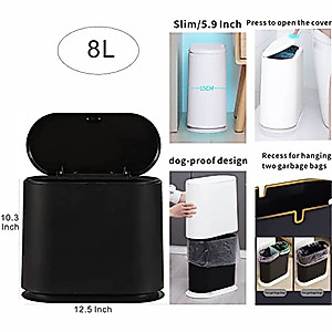 Cq acrylic 8L Slim Bathroom Trash Can Plastic 2.1 Garbage Can with Press Top Lid,Dog Proof Wastebasket Trash Can for Bedroom,Kitchen,Office,Living Room,Black