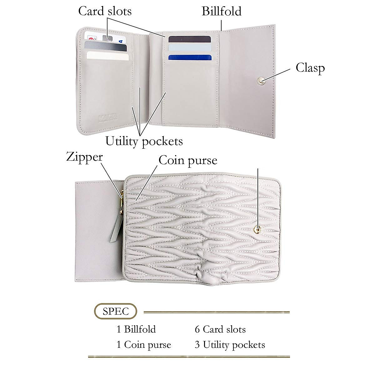 MALTA Superior True Sheep Leather Wallet for Women High Capacity Card Wallet Coin Purse, Grey, free