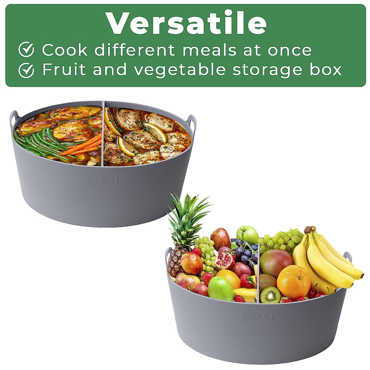 Crock pot divider | dual compartments silicone slow cooker liners | crockpot divider insert with handles | eco-friendly gift idea, gray