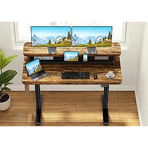 Flycity Electric Standing Desk with Dual Monitor Stand, Height Adjustable Desk Sit Stand Desk with Memory Controller, Casters & 2 Hooks, Low Noise Home Office Desk (Rustic Brown, 48" x 24")