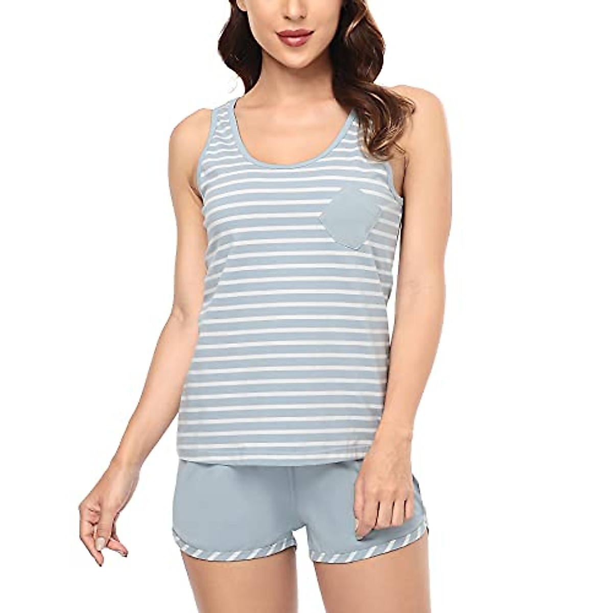 COLORFULLEAF Womens Cotton Pajamas Set Racerback Tank Top and Shorts Pjs Sets Sexy Sleeveless Sleepwear (Light Blue, XL)
