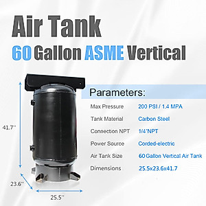 HPDMC 60 Gallon Industrial Air Compressor Receiver Vertical Air Tank Rated for 200 PSI with ASME Coded