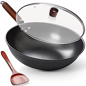 Clatine Carbon Steel Wok Pan, 13 Inch Wok and Stir-fry Pan, No Chemical Coated Wok Pan with Lid and Spatula, Nitrided Nonstick Chinese Wok with Flat Bottom for Induction, Electric and Gas Stove