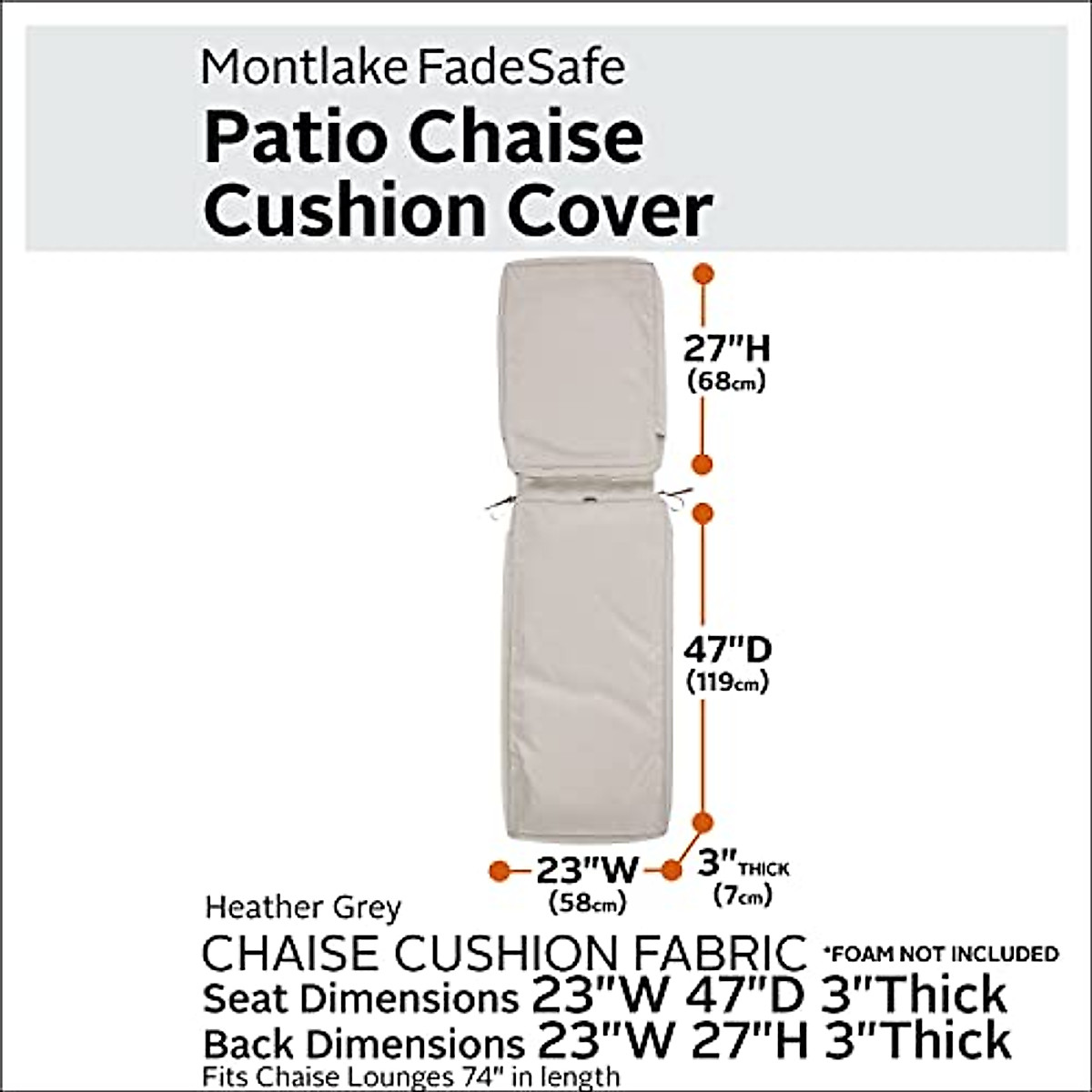 Classic Accessories Montlake FadeSafe FadeSafe Water-Resistant 74 x 23 x 3 Inch Patio Chaise Lounge Cushion Cover, Heather Grey, Patio Furniture Cushion Covers