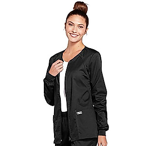 Cherokee Zip Front Scrub Jackets for Women, Workwear Core Stretch Soft Brushed Twill 4315, L, Black