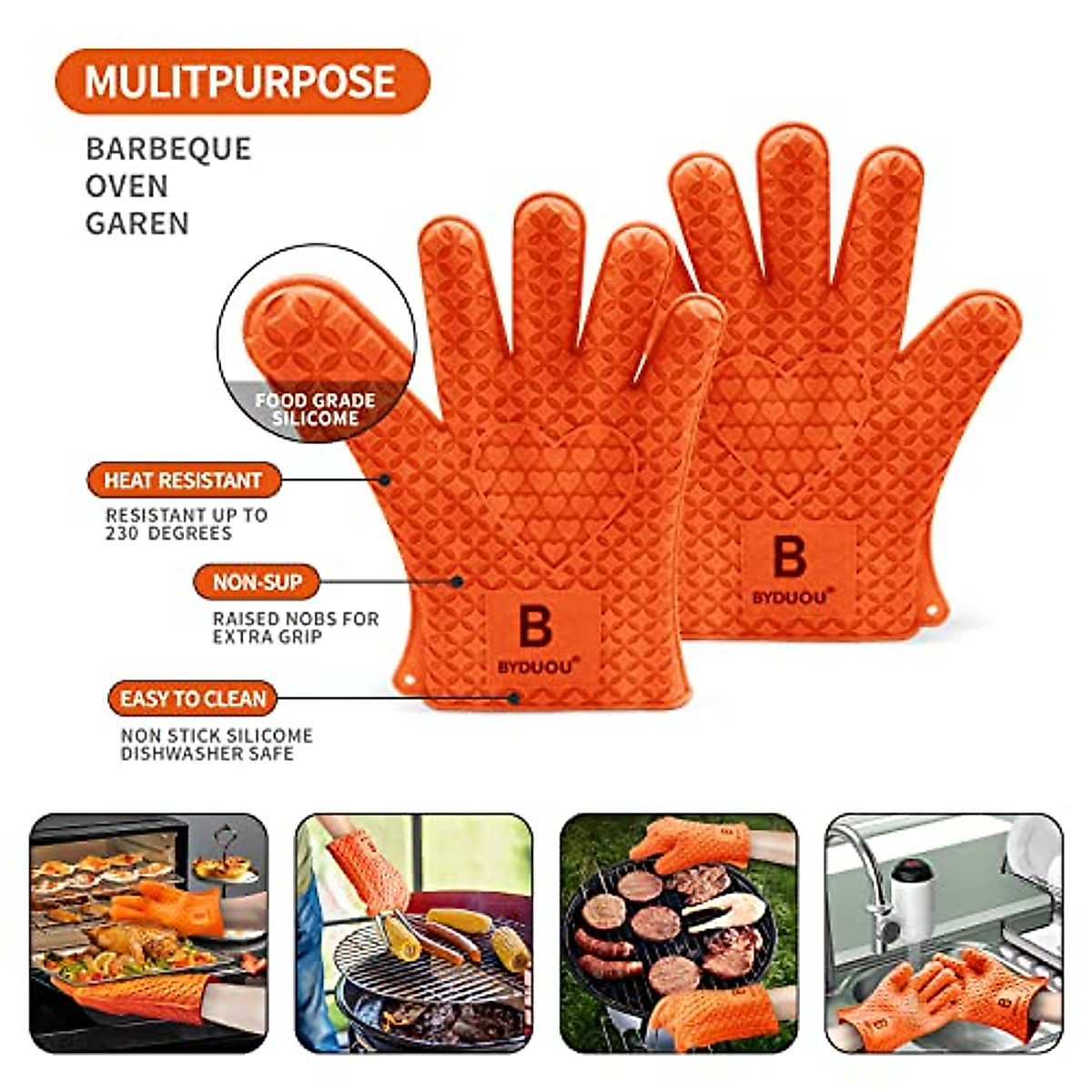 BYDUOU Grilling Gloves Heat Resistant BBQ Gloves Kitchen Silicone Oven Gloves Safe Handling of Hot Food Pots and Pans for Barbecue Cooking Baking(Orange)
