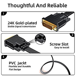 SROMGEE DVI Cable 6Ft, DVI to DVI Flat Design Dual Link Cable Male to Male Computer Monitor Cord, DVI-D Connector PC TV Laptop Display Video Cable (6FT, Black)…