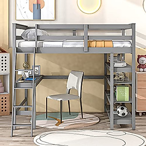 DEYOBED Full Size Wooden Loft Bed Frame with Under-Bed Desk and 4-Tier Storage Shelves - Smart Space-Saving Solution for Teens and Kids' Bedrooms