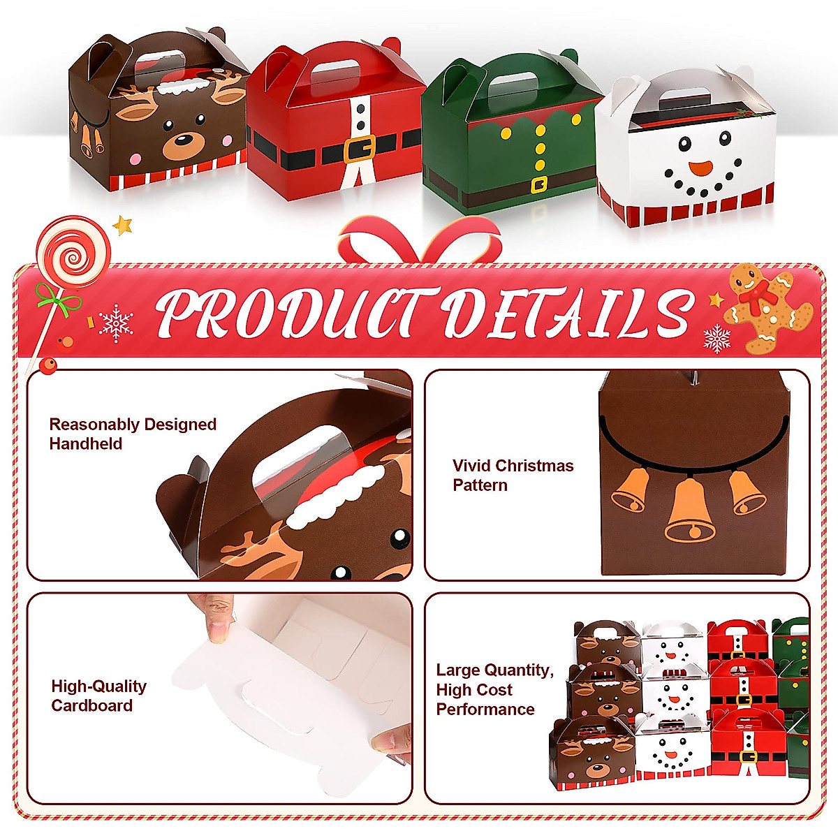 Christmas Treat Boxes, 24 Pieces Plaid Santa Elf Snowman Elk Gingerbread Xmas Cardboard Present Candy Cookie Boxes with Handles, Holiday Party Favor Supplies, 4 Designs (Cute Style)