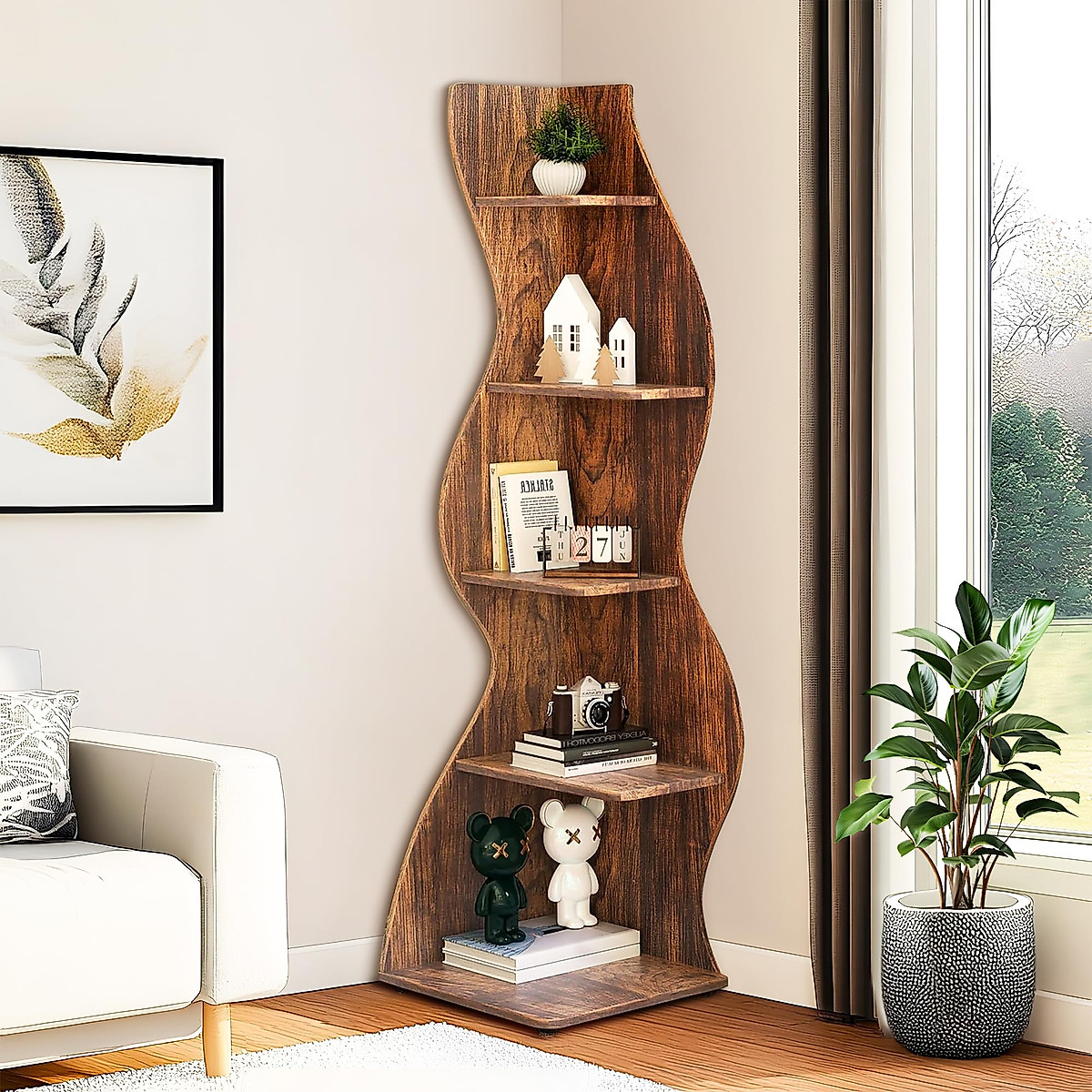 NicBex 5-Tier Corner Shelf,69.88IN Tall Corner Storage Cabinet,Rustic Display Rack Multipurpose Bookshelf,Narrow Corner Bookcase for Wall Corner,Home Office,Living Room, Bedroom,Rustic Brown