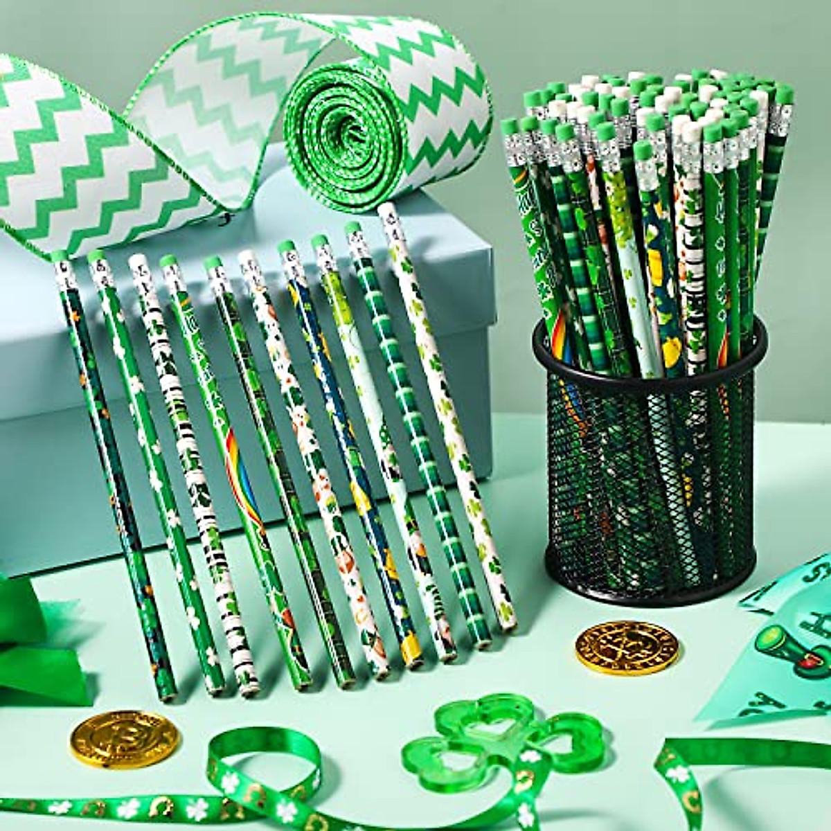 St Patrick's Day Pencils with Eraser Wood Shamrock Pencils Lucky Shamrock School Pencils Cute Green Pencils for St Patrick's Day Party Kids Awards Classic Holiday School Supplies (100)