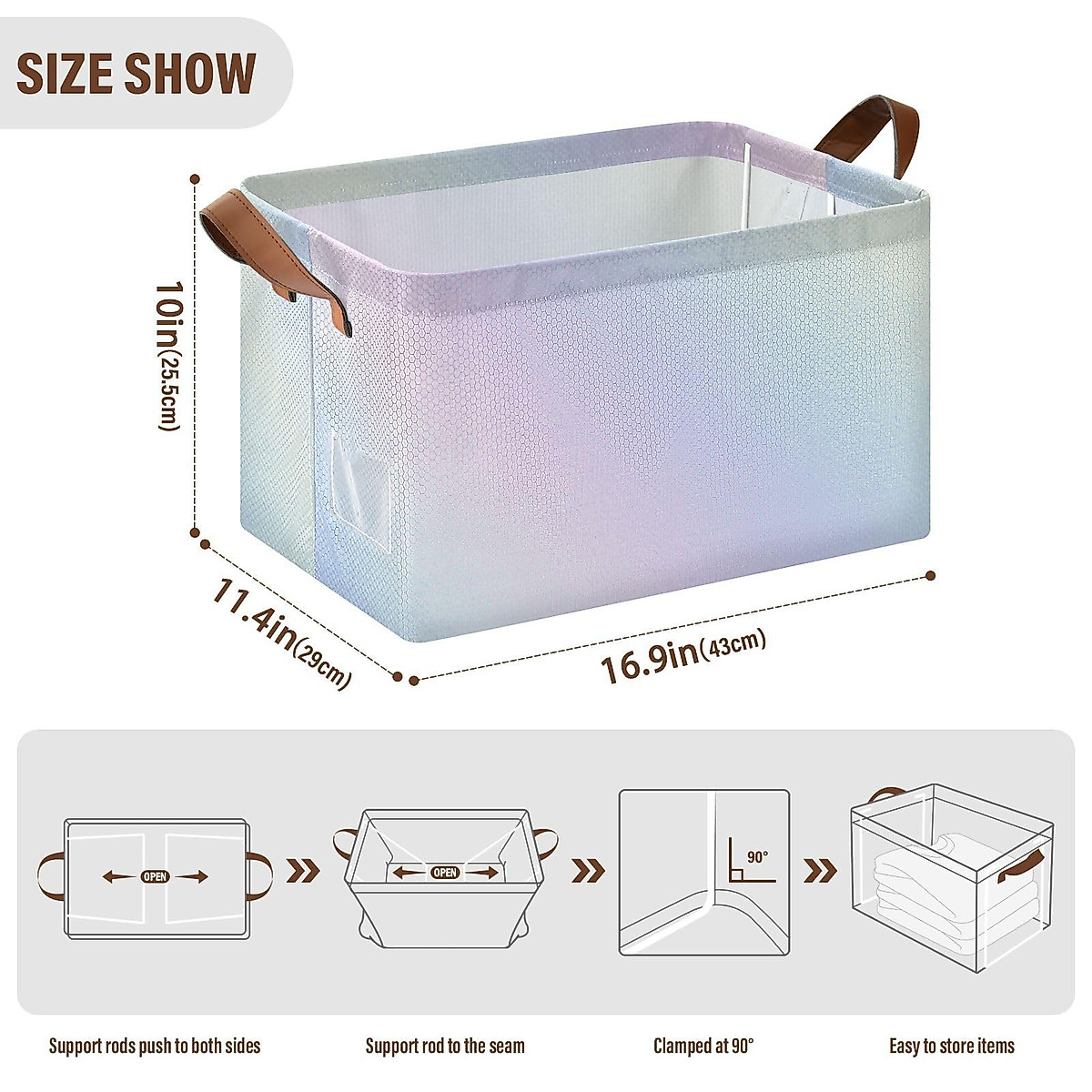 CEBUGI Iridescent Gradient 2 Pack Large Waterproof Collapsible Storage Bin Foldable Canvas Fabric Open Storage Basket Cube Box with Iron Frame