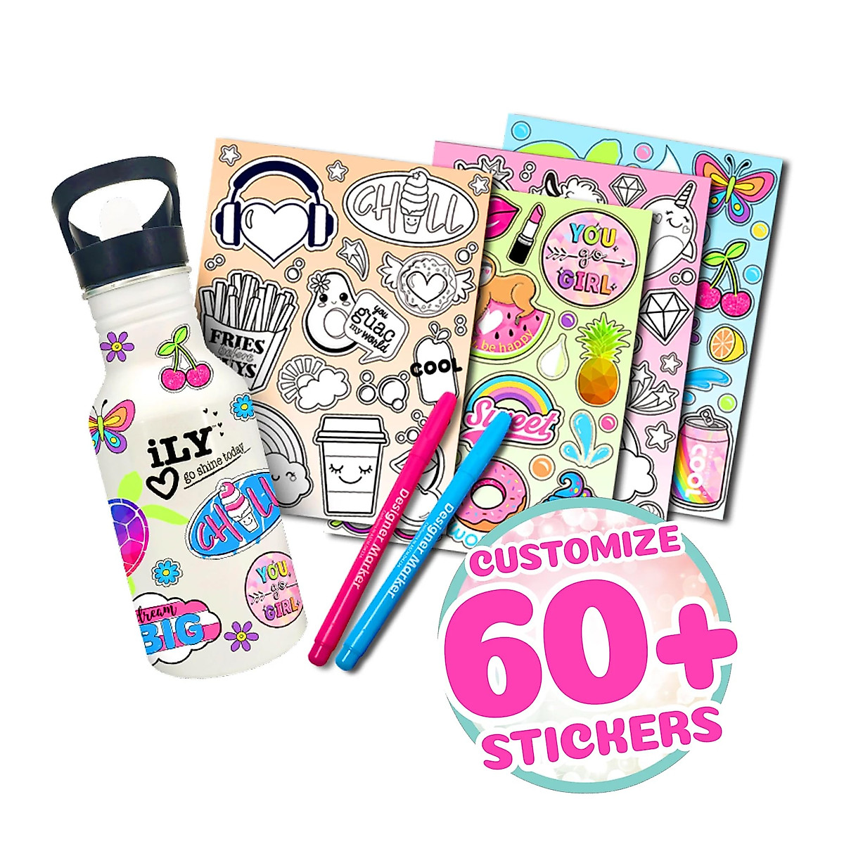 ACTIVITY KINGS iLY Insulated Hydro Water Bottle With Straw For Girls & Boys | Eco-Friendly, BPA Free | Dishwasher Safe | (2 Markers, 60 Stickers, Kids 6+)