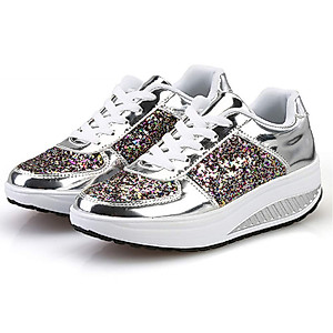 Yu Li Womens Glitter Fashion Sneakers Lace-up Rocking Shoes Bling Walking Shoes Silver 38