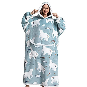 Queenshin Polar Bear Wearable Blanket Hoodie, Extra Long Oversized Sherpa Comfy Sweatshirt Robe for Adults Women Men, Warm Cozy Animal Hooded Body Blanket