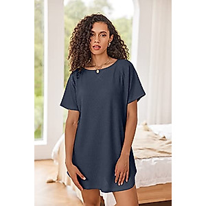Ekouaer Women Casual Night Shirt Long Sleeve Nightgown Plain Round Neck Sleepwear Bluish Violet M