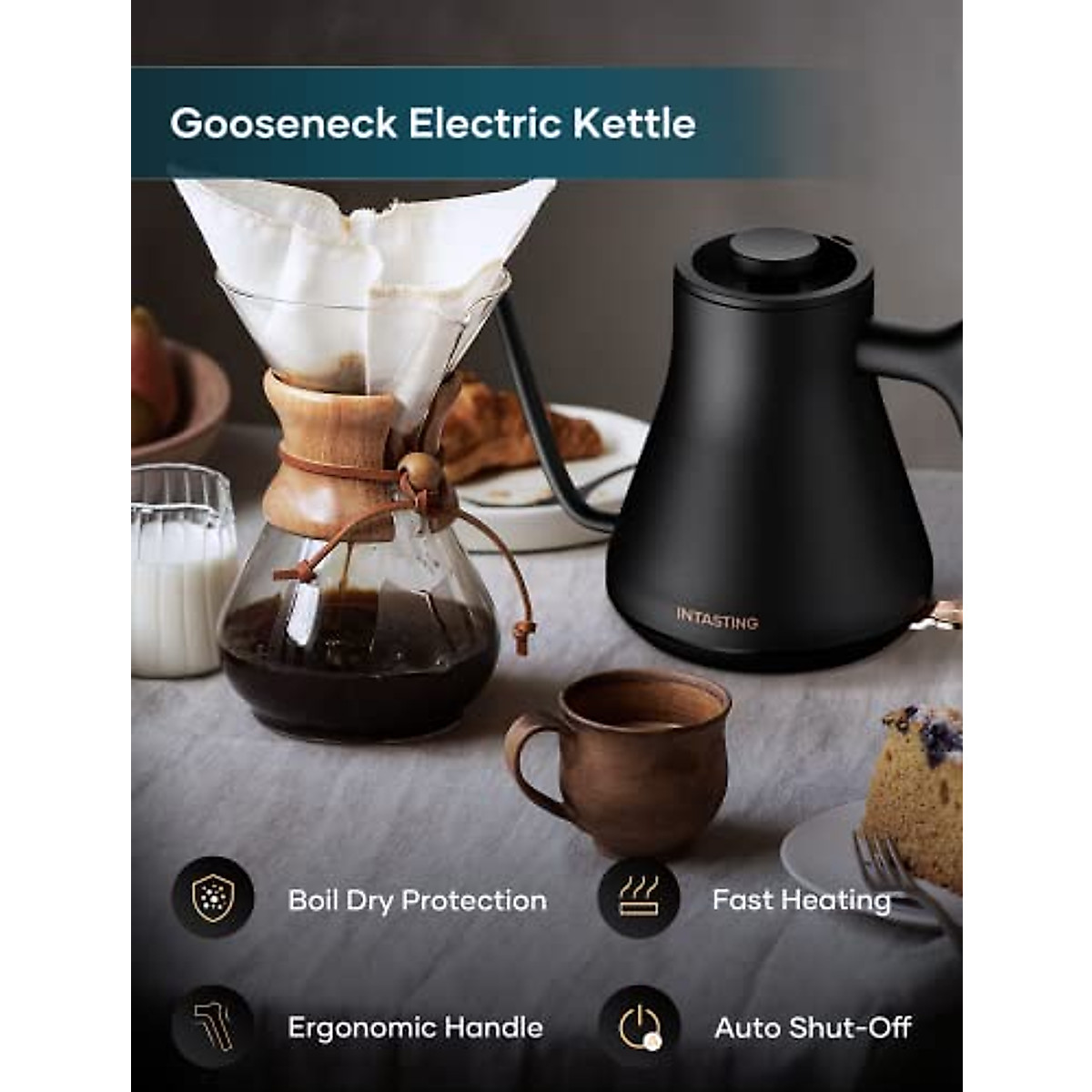 Electric Kettle, INTASTING Professional Electric Gooseneck Kettles, 0.65mm Ultra-Slim Spout, Precise Water Flow Control, 304 Stainless Steel Inner, 0.8L, Auto Shut-Off, Boil Dry Protection, Black